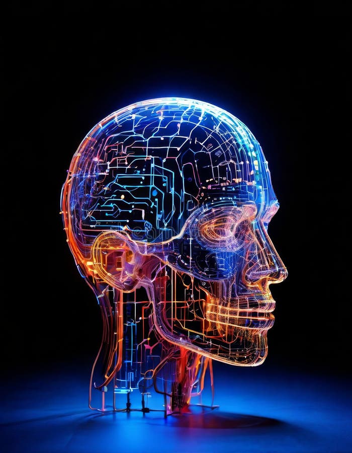 Digital Head Illustration with Blue and Orange Circuitry Stock Image ...