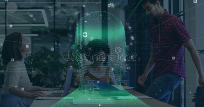 Digital Head Silhouette Animation Over Diverse Team Collaborating in ...