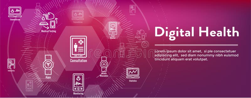 Digital Health Icon Set with Wearable Technology Web Header Banner ...