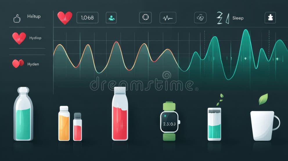 Digital Health Tracking Interface Displaying Heart Rate, Hydration ...