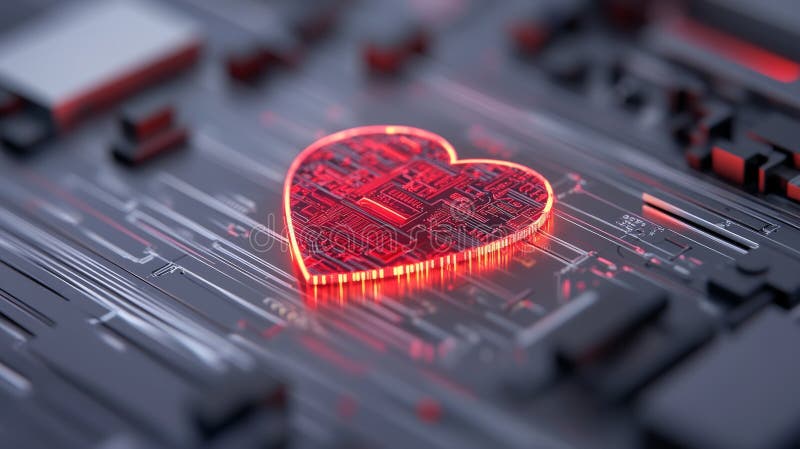 Digital Heart Glowing Red on a Circuit Board, Symbolizing Emotional Intelligence in Technology ...