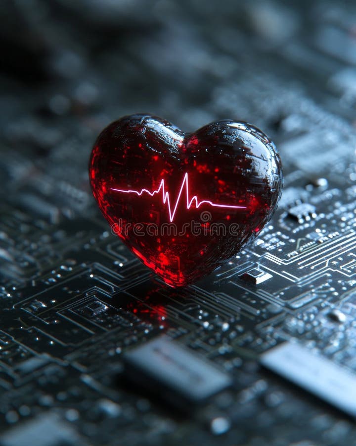 A Digital Heart Image with an ECG Trace, Overlaid on a Blue Circuit ...