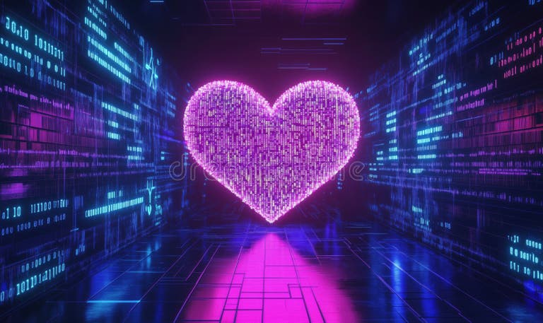 Digital Heart Shape Glowing in Neon Lights, Surrounded by Binary Code ...