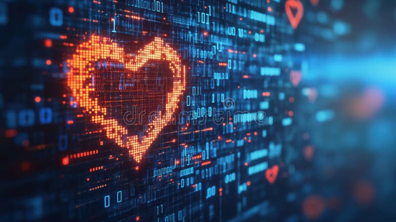 Digital Heart Symbol on Binary Code Background, Glowing Pixels ...