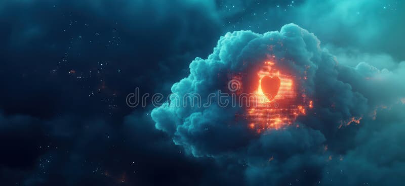 Digital Heart Symbol Glowing within a Cloud, Surrounded by Cosmic ...