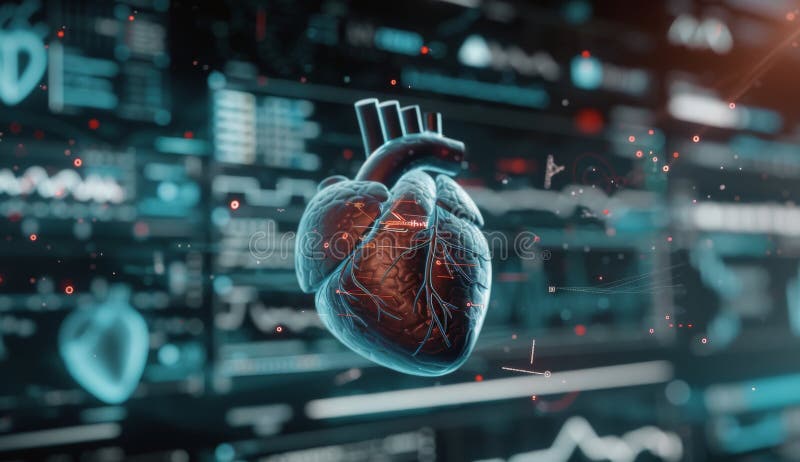 Digital Heart Visualization on Medical Monitoring Screen at Night Stock ...