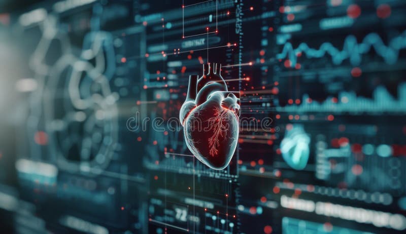 Digital Heart Visualization on Medical Monitoring Screen at Night Stock ...
