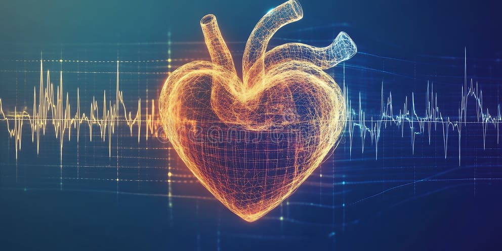 Digital Heartbeat Abstract Wireframe Heart with EKG Waveform Stock ...