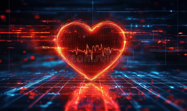 Digital Heartbeat Visualization with Neon Heart and Pulse Graph Stock ...