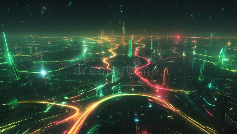 Digital High-tech Cityscape Illuminated by Neon Glow and Starry Night ...