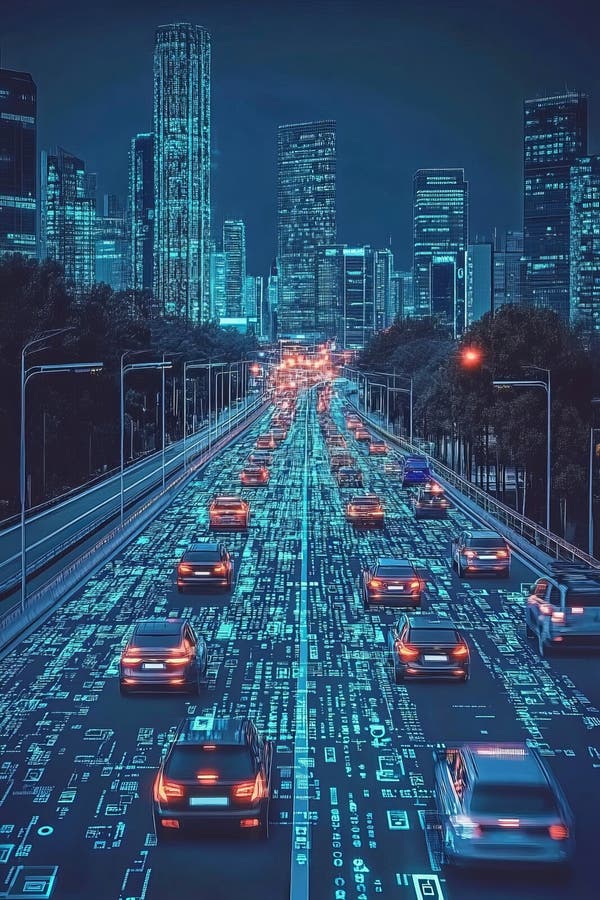 Digital Highway City Traffic Merges with Technology, Representing Speed ...