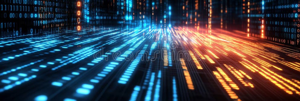 Digital Highway of Data Abstract Technology Background with Flowing Binary Code and Light Trails ...