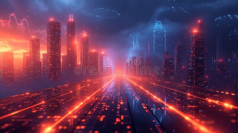 A Digital Highway Lined with Data Servers and Cloud Computing Symbols ...