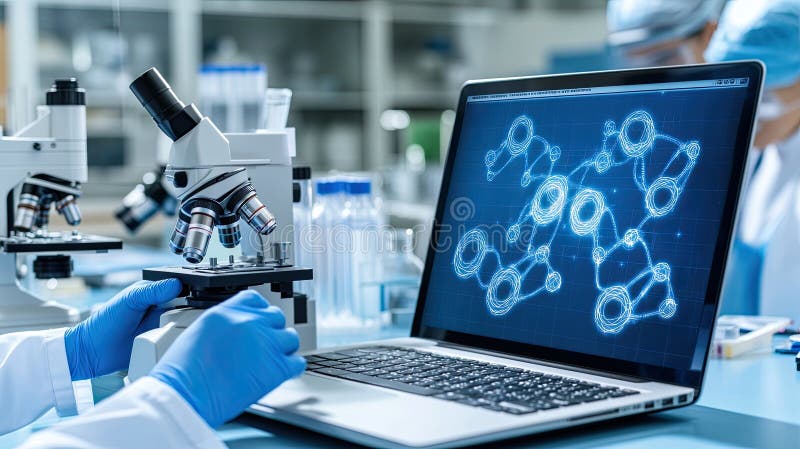 A Digital Hologram of DNA Appears on a Laptop while Scientists in Blue ...