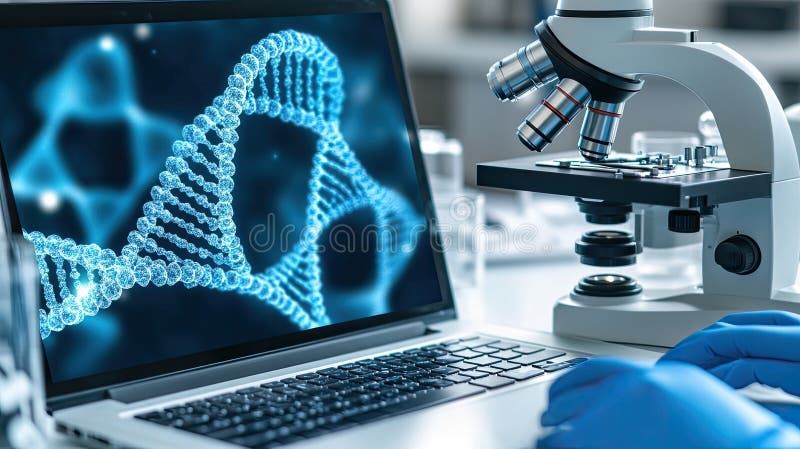 A Digital Hologram of DNA Appears on a Laptop while Scientists in Blue ...