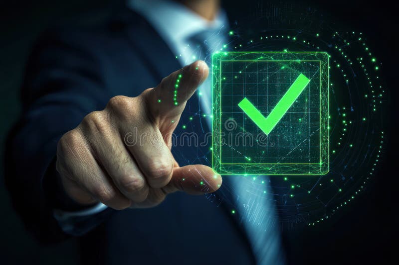 Digital Hologram of Green Check Mark with Businessman Interacting Stock ...