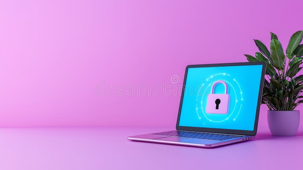 A Digital Hologram and a Laptop for Cybersecurity on a Violet Gradient ...