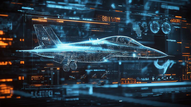 Futuristic Digital Hologram of a Fighter Jet Displayed on Screen Stock ...