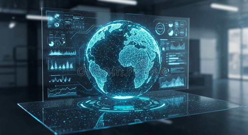 A Digital Holographic Display Shows a Glowing Blue 3D Globe with ...