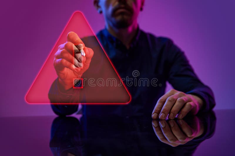 Digital, Holographic, Neon Colored Symbol of Danger. Development of ...