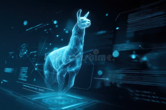 A Digital Holographic Projection of a Glowing Llama Head Floating Above ...