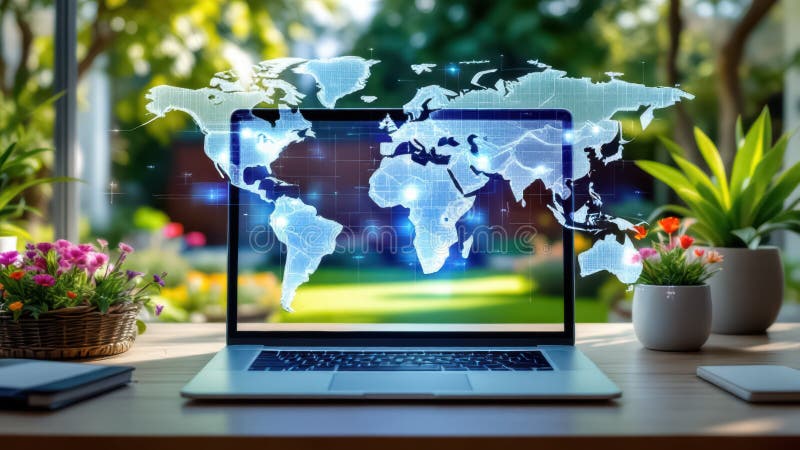 Digital Holographic World Map Overlay on a Laptop Screen in a Modern ...