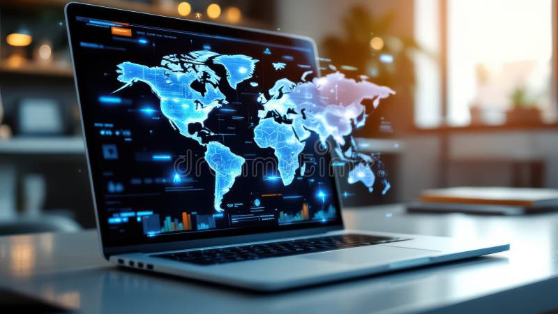Digital Holographic World Map Overlay on a Laptop Screen in a Modern ...
