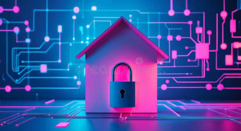 Digital Home Security. Lock Protecting House Data with Futuristic ...
