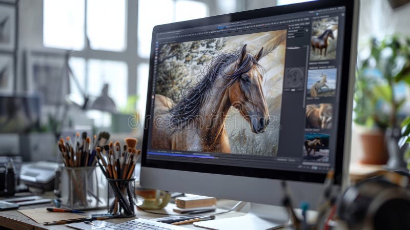 Digital Horse Artwork Displayed on Screen with Artist Using Tools in ...