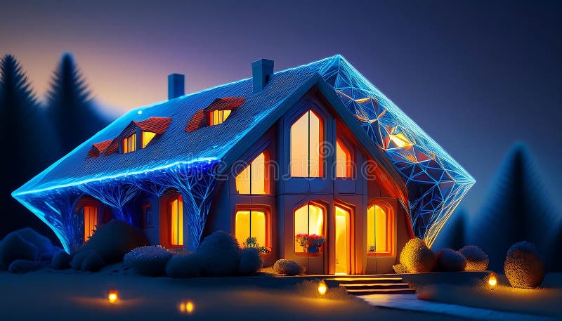 Digital House Icon with Glowing Windows and Low Poly Architecture Stock ...