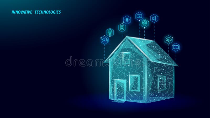 Digital House Illustration with Floating Icons. Features Interconnected ...