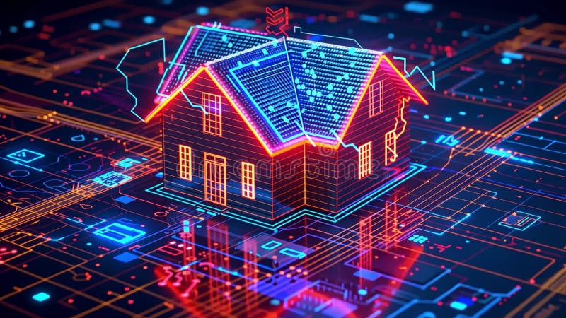 Digital House Illustration Surrounded by Neon Circuits on a Tech ...