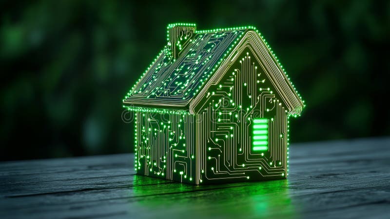 Digital House Model with Circuit Patterns and Green Lights Stock ...