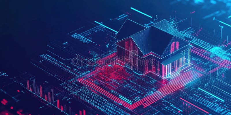 Digital House Model with Glowing Neon Lines and Data Patterns ...