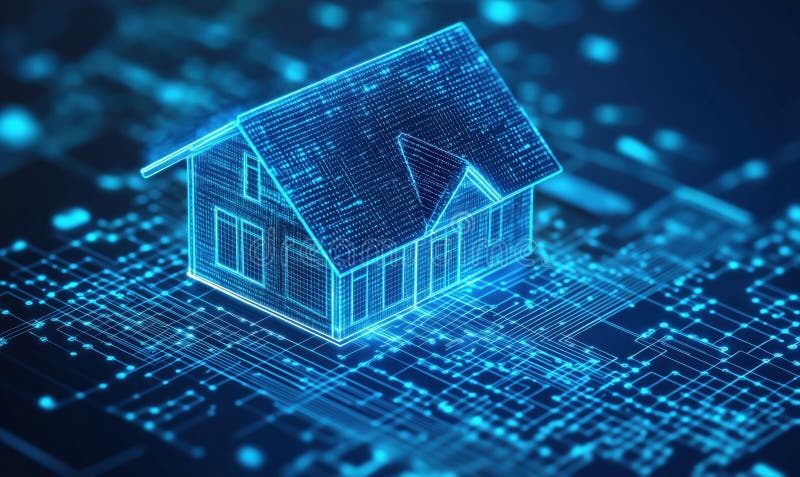 Digital House Model Overlaid on Circuit Board Design, Representing Smart Home Technology and ...