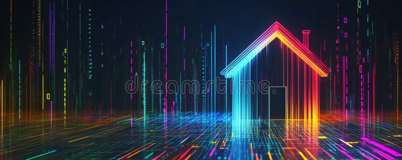Digital House Silhouette Illuminated with Vibrant Neon Colors ...