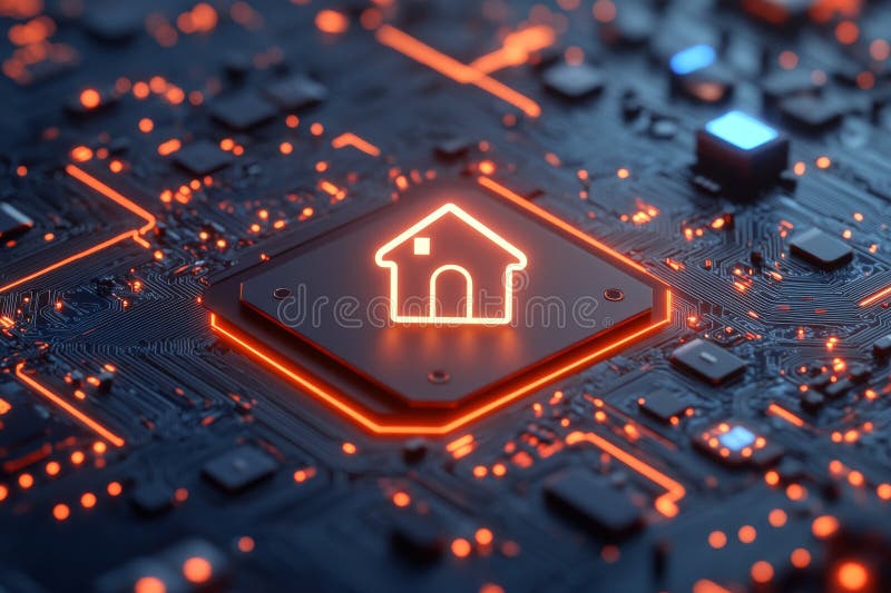 A Digital House with a Stylized Design, Set on a Circuit Board ...