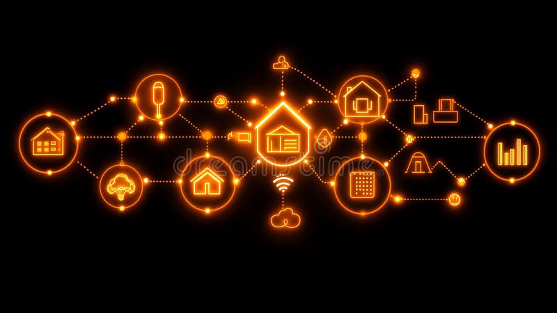 Digital Housing Icons and Bar Charts Interconnected with Glowing Lines ...