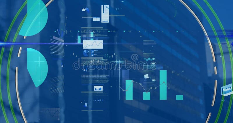 Digital HUD Displaying Floating Bar Charts, Line Graphs and Numeric Readouts Inside Curved Frame ...