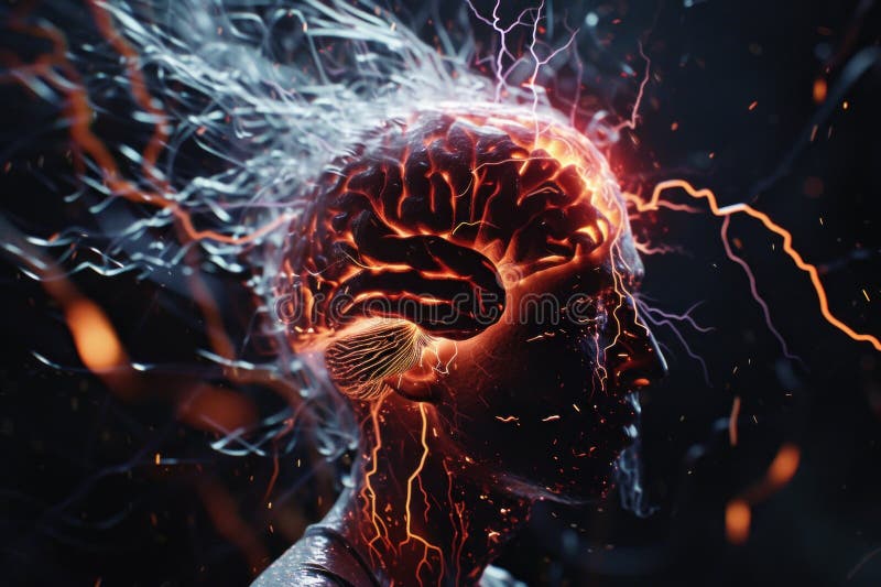 Digital Human Brain Concept with Electric Impulses Stock Illustration ...