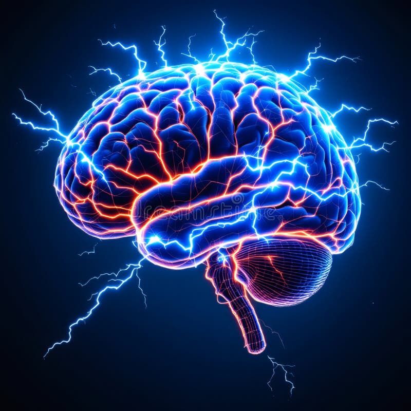 Digital Human Brain Illustration with Electrical Activity, Lightning ...