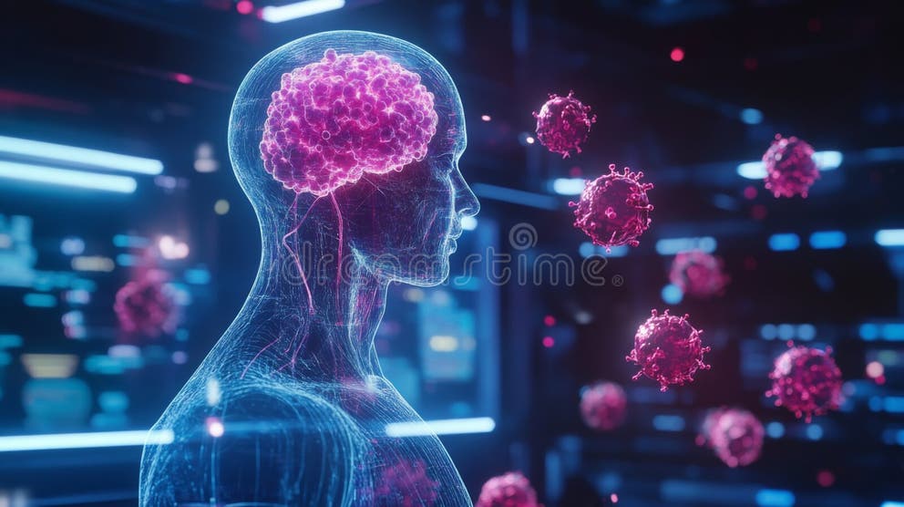 Digital Human Brain and Virus Particles Interaction Stock Illustration ...