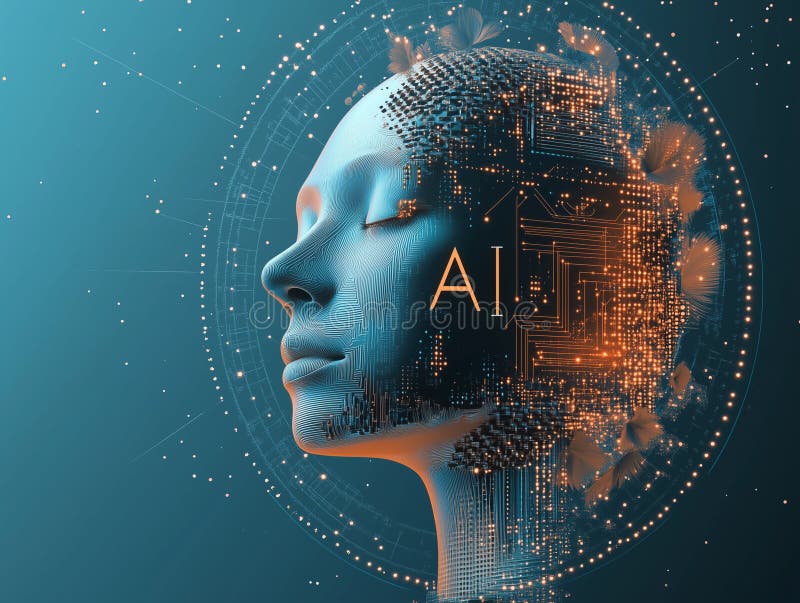 Digital Human Face with AI Circuitry and Glowing Elements, Symbolizing ...