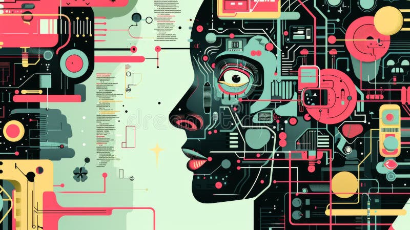 Digital Human Face with Colorful Circuitry and Geometric Elements Stock ...