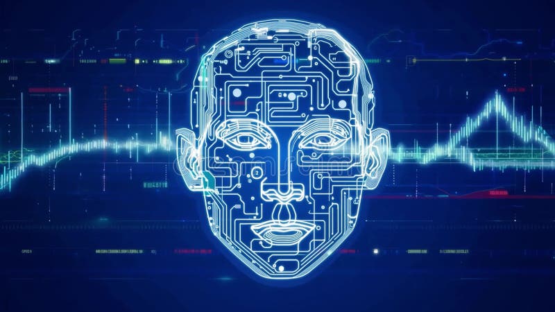Digital Human Face Composed of Circuitry on Blue Background Stock ...