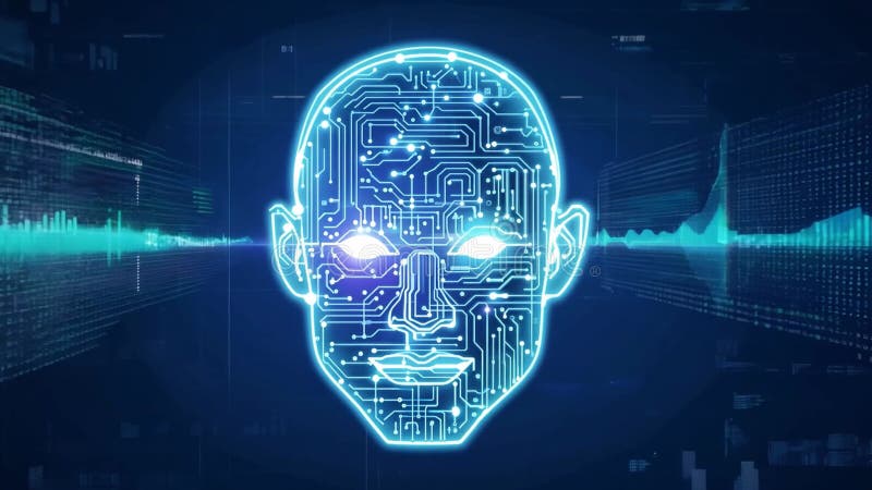 Digital Human Face Composed of Circuitry on Blue Background Stock Video ...