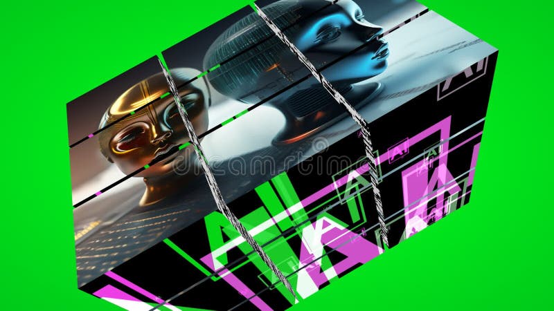 Digital Human Face on Cube Against Green Screen Artificial Intelligence ...