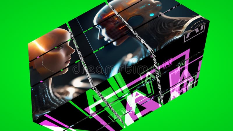 Digital Human Face on Cube Against Green Screen Artificial Intelligence ...