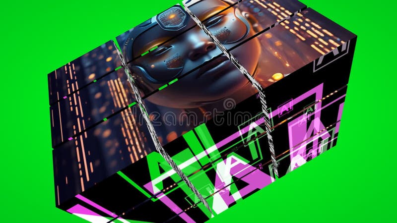 Digital Human Face on Cube Against Green Screen Artificial Intelligence ...