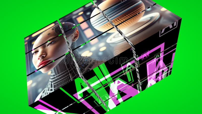 Digital Human Face on Cube Against Green Screen Artificial Intelligence ...